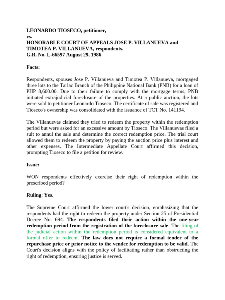 Tioseco vs. Villanueva: Redemption Rights | PDF