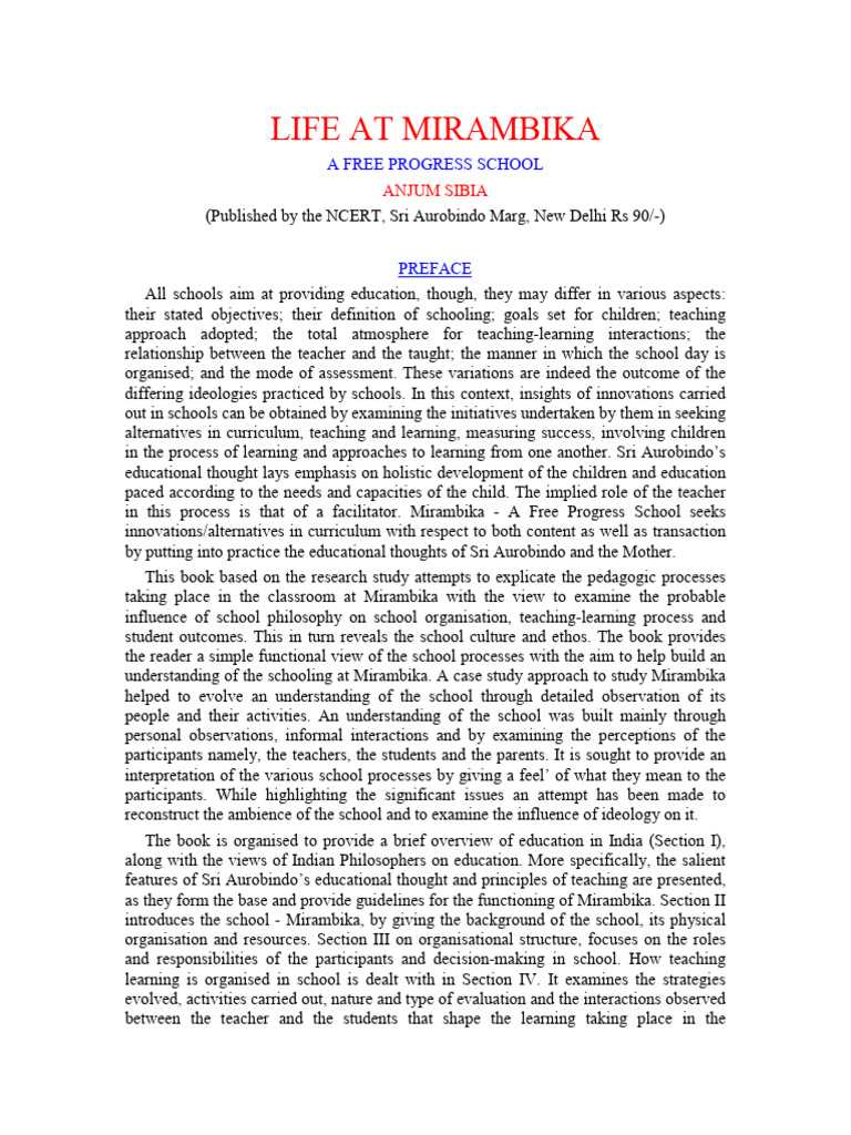 Mirambika: A Free Progress School Overview | PDF | Teachers | Curriculum