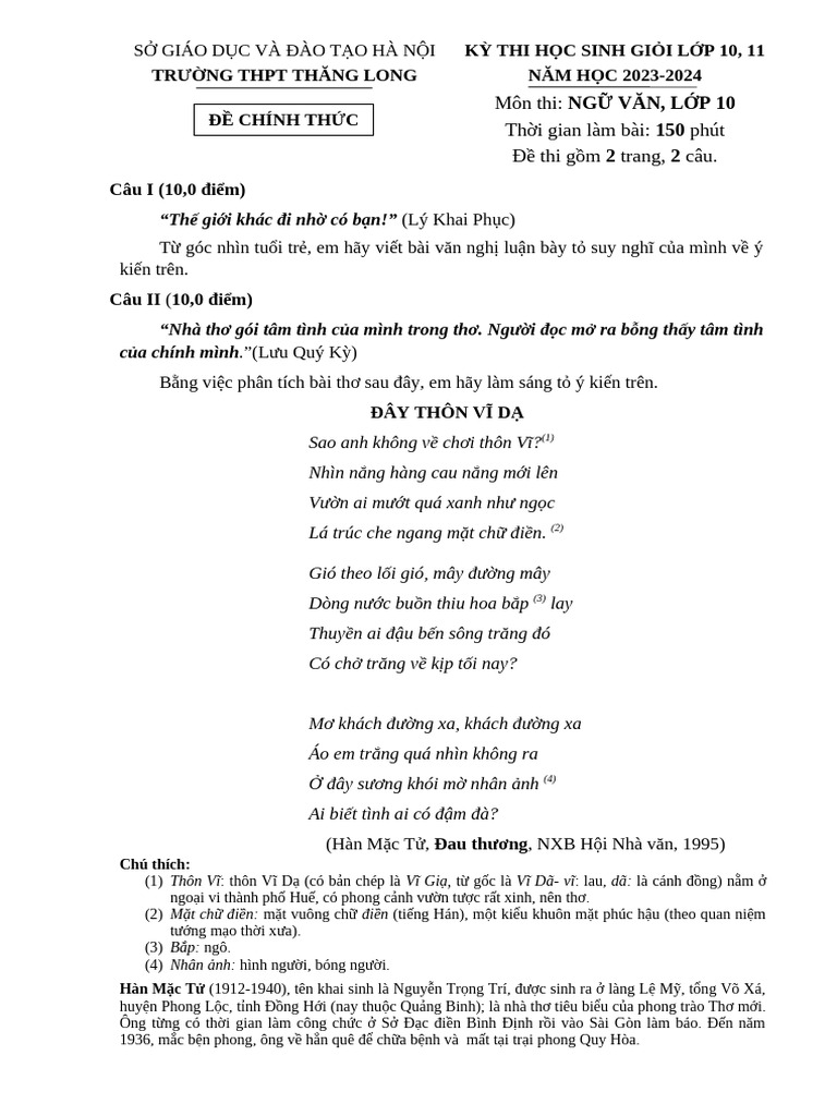 ĐỀ, HDC THI HSG MÔN NGỮ VĂN, LỚP 10 (2023-2024) | PDF