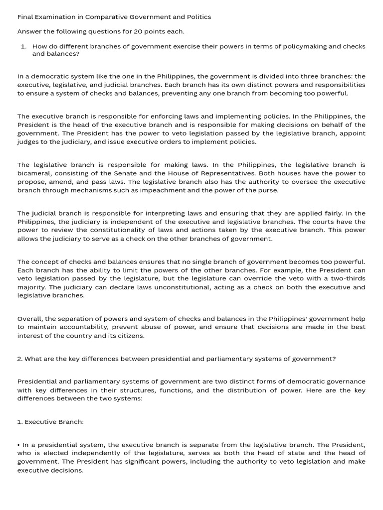 Comparative Government Exam Overview | PDF | Legislature | Separation ...