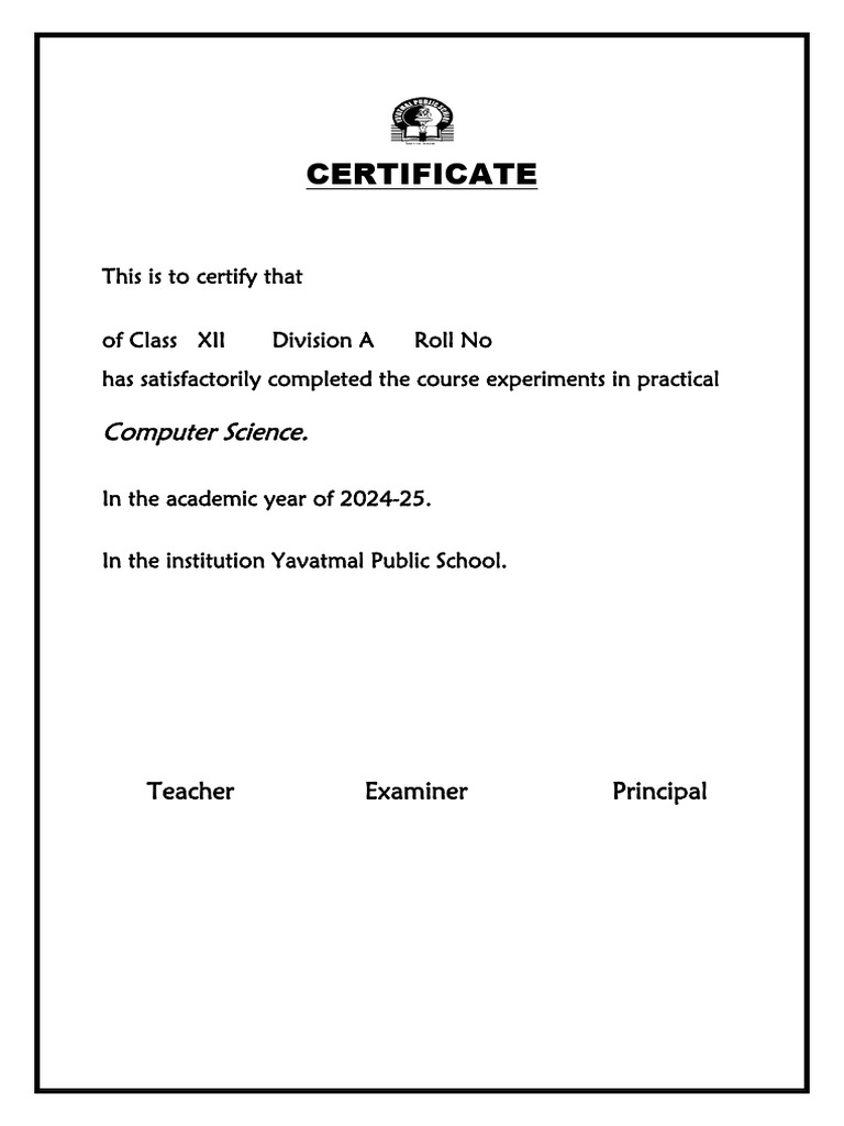 Class 12 Computer Science Project Certificate | PDF