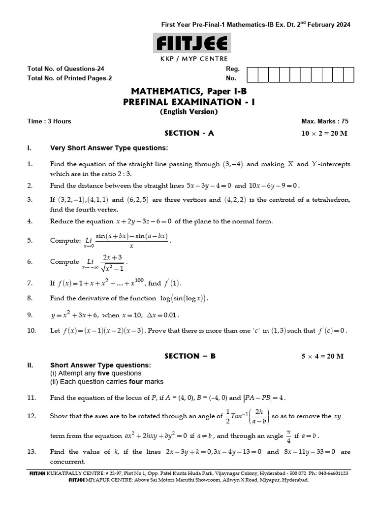 JR Maths-Ib Prefinal-1 Ex. Dt. 02.01.2024 | PDF | Classical Mechanics | Geometric Shapes