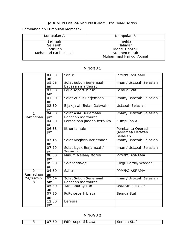 Jadual Pelaksanaan Program Ihya Ramadan 2024 | PDF