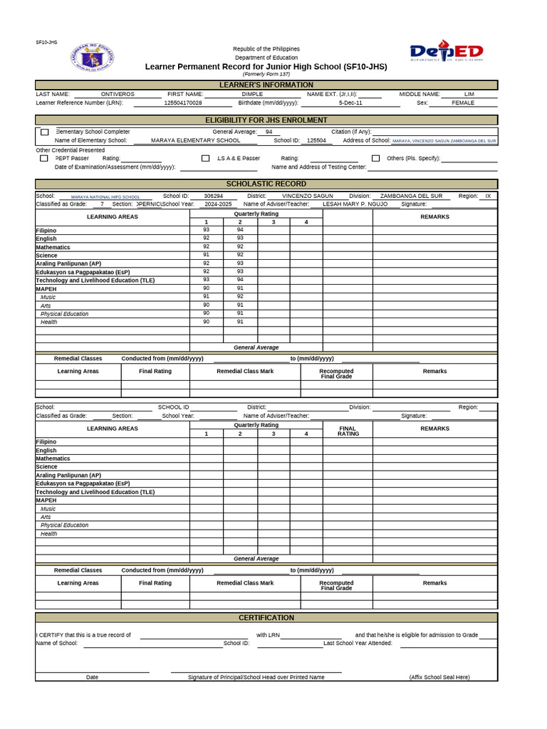 Junior High School Learner Record SF10-JHS | PDF