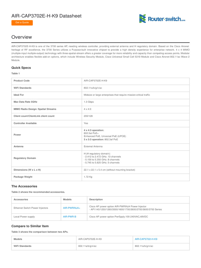 AIR-CAP3702E-H-K9 Access Point Datasheet | PDF | Ieee 802.11 | Mimo