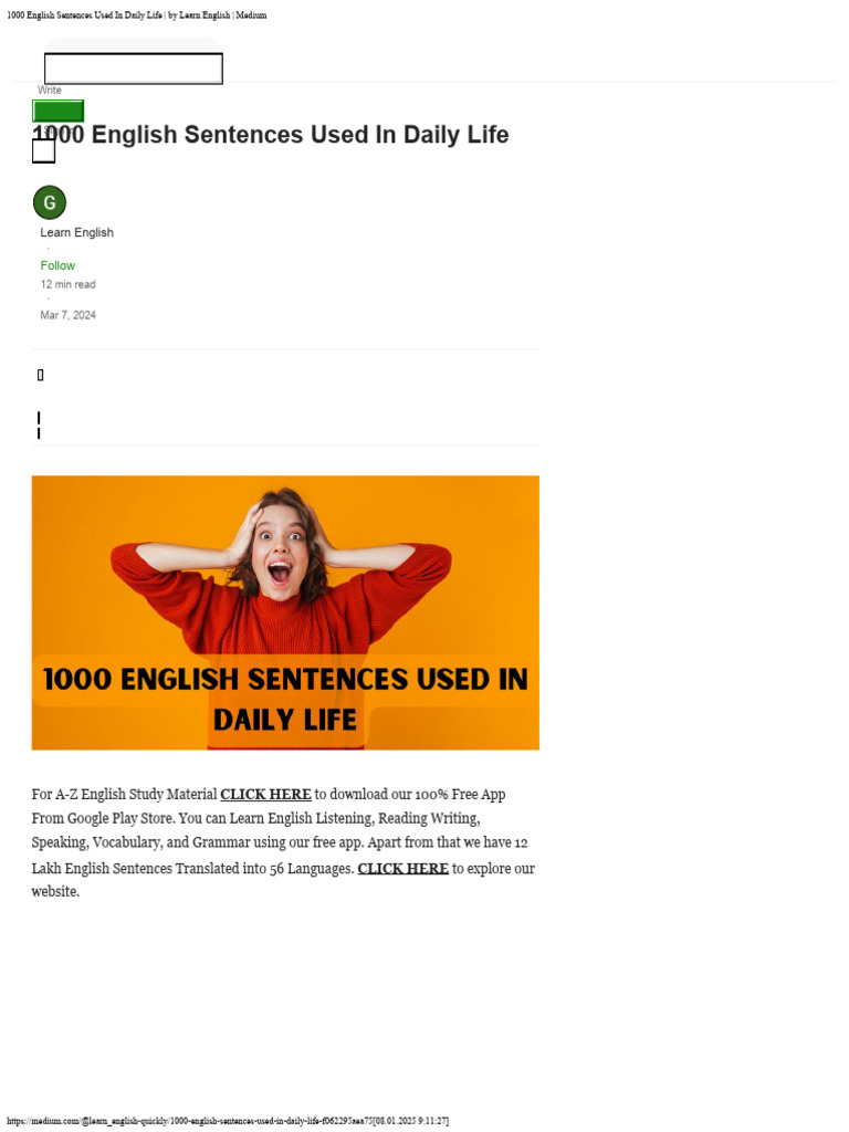 1000 English Sentences Used in Daily Life by Learn English Medium | PDF ...