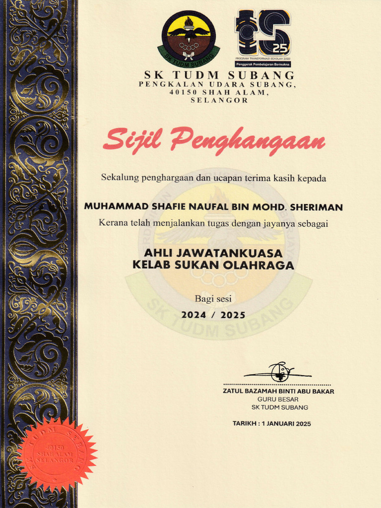 Sijil Ajk 1 Sukan Olahraga SK Tudm 2024-2025 | PDF
