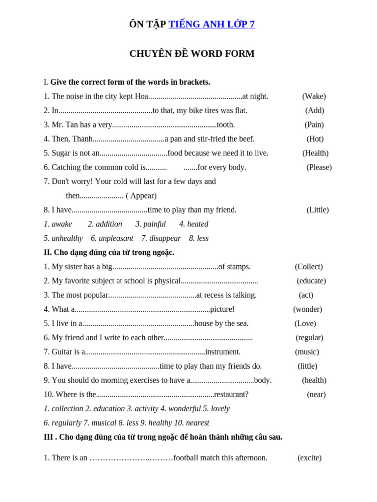 Bai Tap Word Form Tieng Anh Lop 7 | PDF | Vietnam