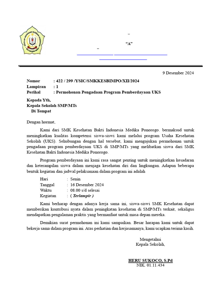 permohonan pemberdayaan UKS SMP | PDF
