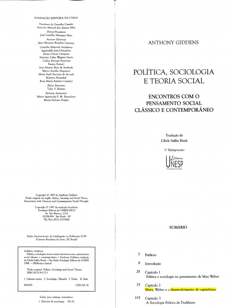 GIDDENS Anthony_1998. Política Sociologia e Teoria Social | PDF | Sociologia | Max Weber