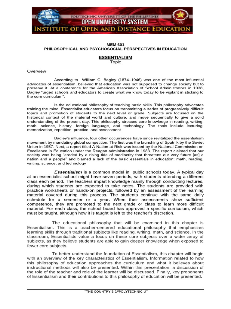 ESSENTIALISM_OULQMEM | PDF | Philosophy Of Education | Curriculum