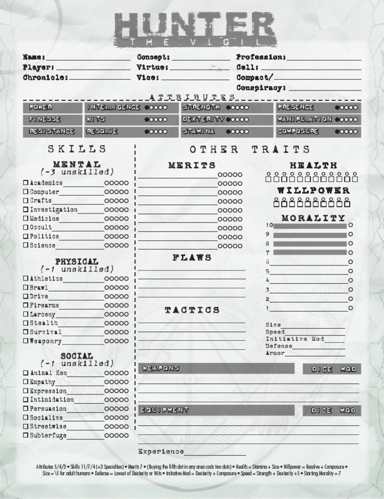 Hunter The Vigil Sheet | PDF