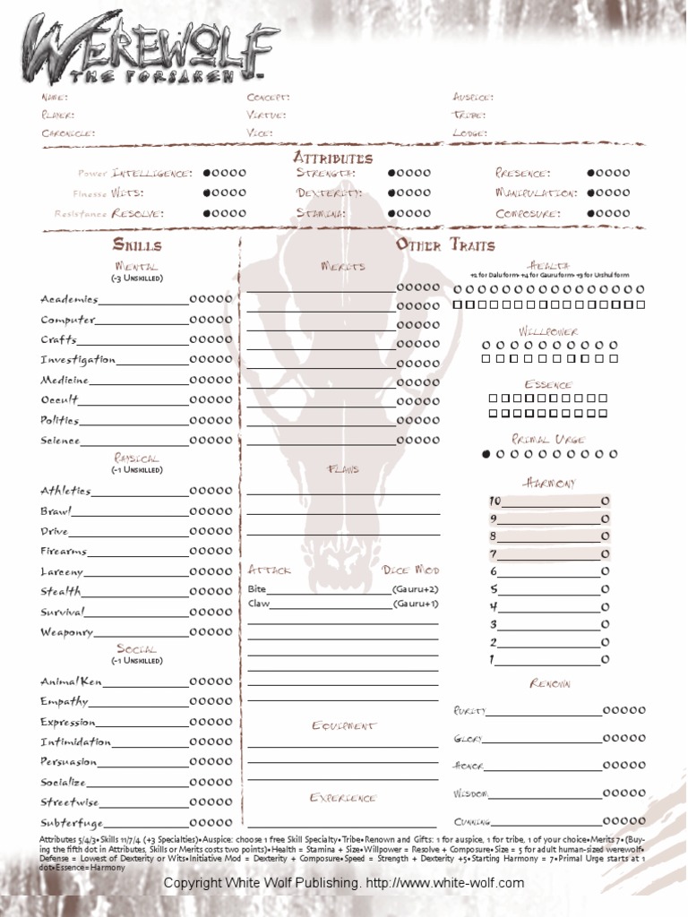 Werewolf Character Sheet