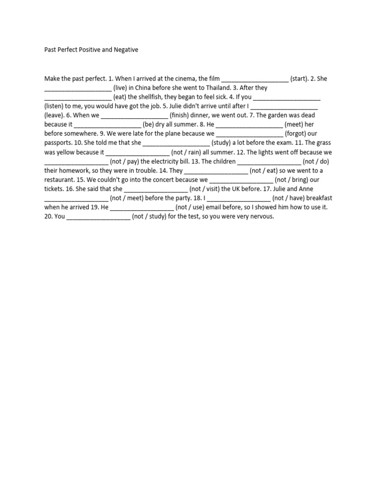 Past Perfect Tense Exercises | PDF