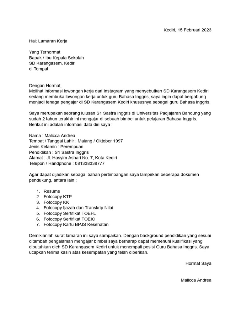 Contoh Surat Lamaran Kerja Guru SD | PDF