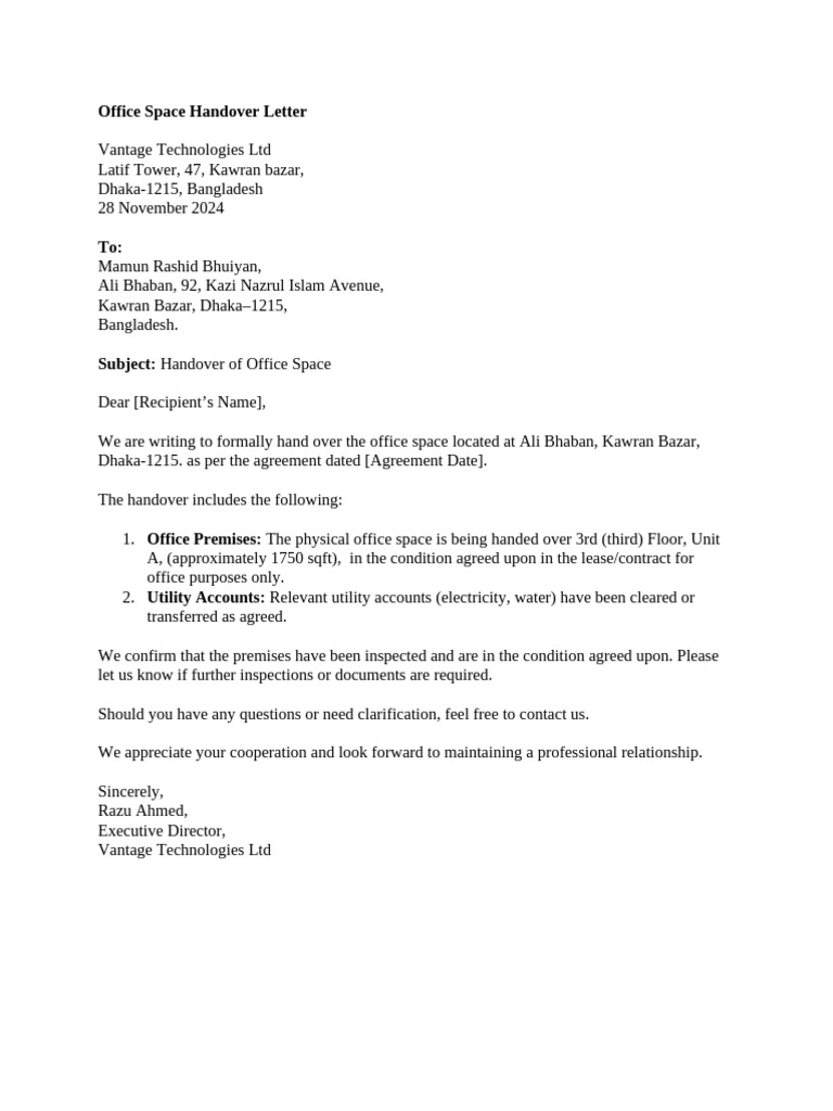 Office Space Handover Letter | PDF