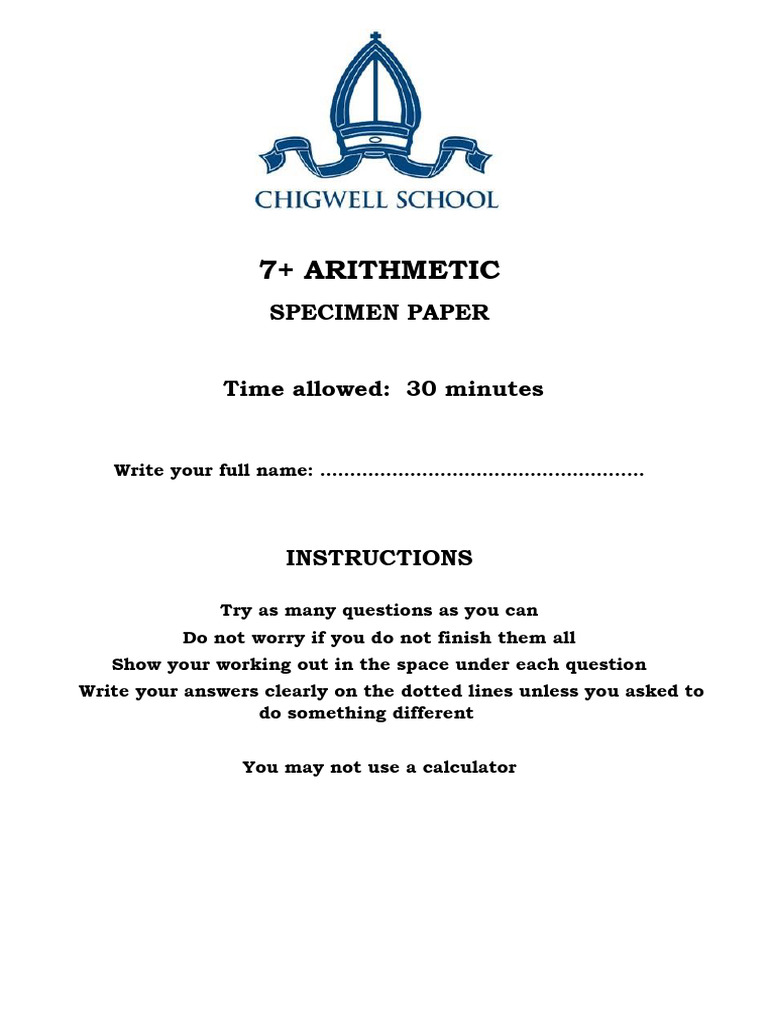 Chigwell School 7 Plus Maths Specimen Paper | PDF