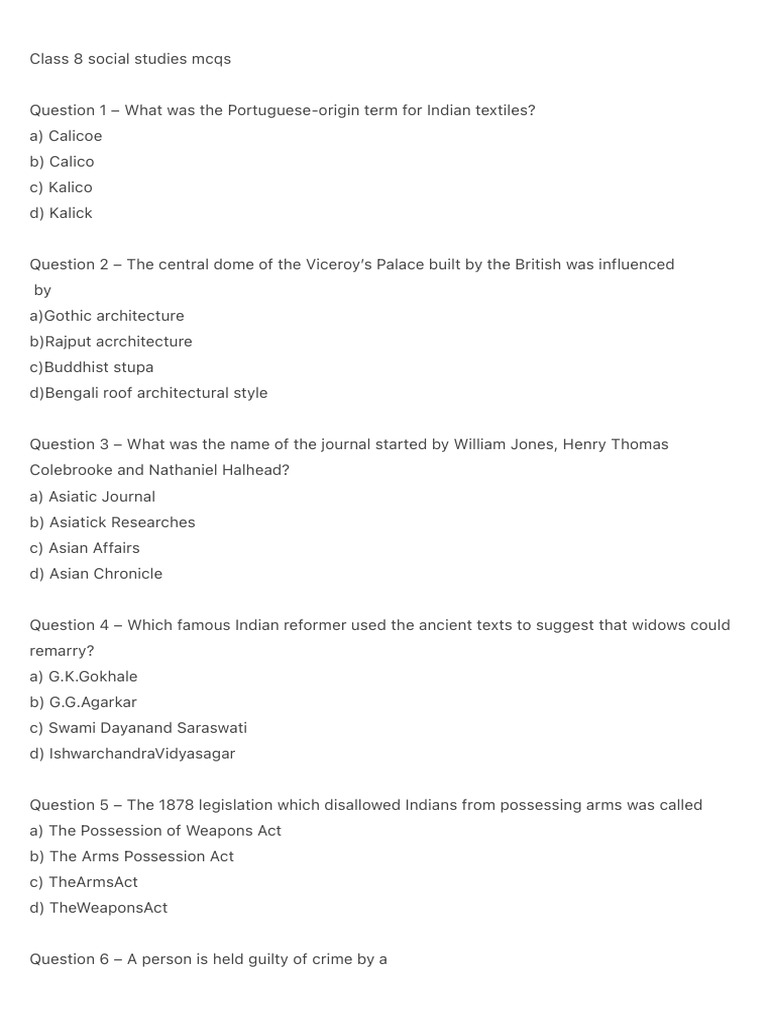Class 8 Social Studies Mcqs | PDF