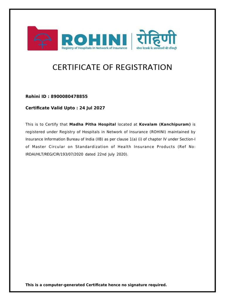 Madha Pitha Hospital Registration Certificate | PDF