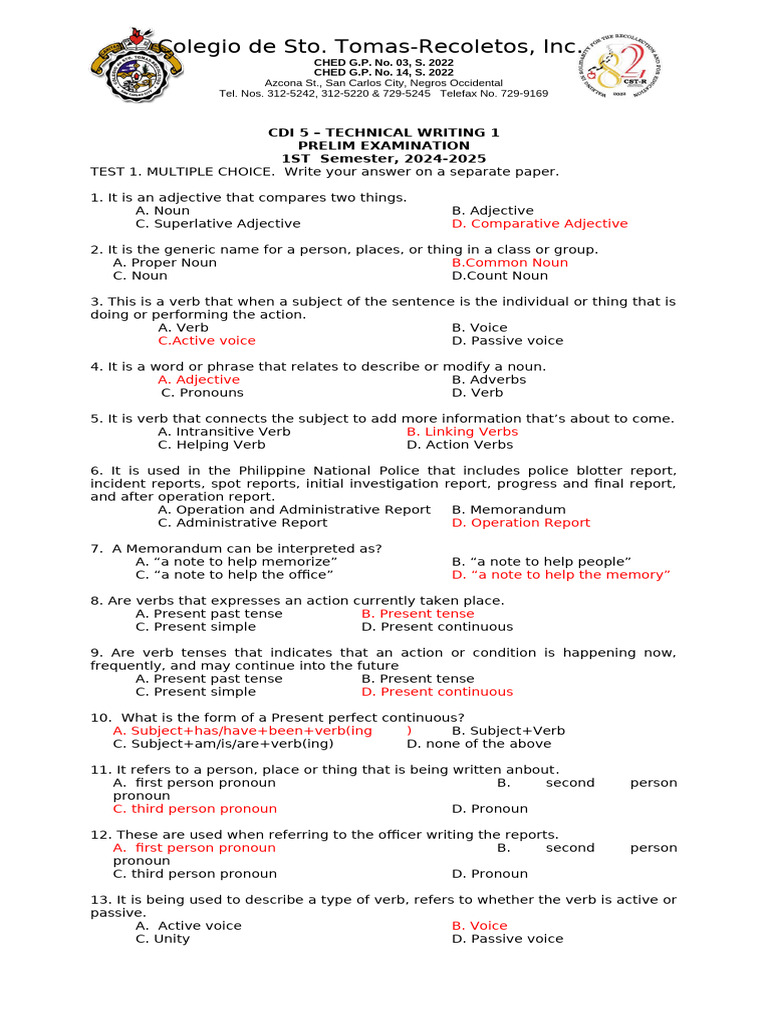 CDI 5 PRELIM (KEY ANSWER) - Milque | PDF | Verb | Adjective