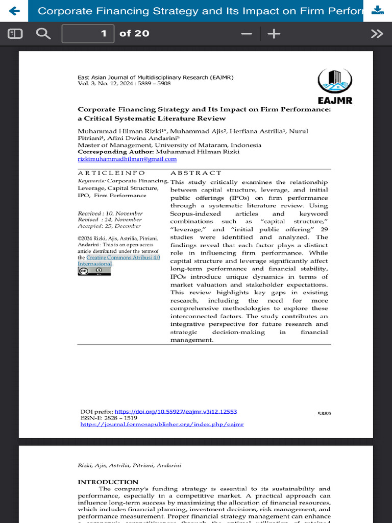 View of Corporate Financing Strategy and Its Impact On Firm Performance A Critical Systematic ...