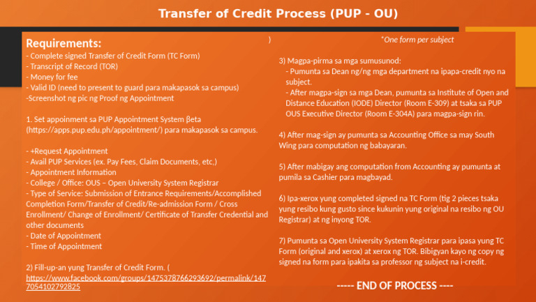 Transfer of Credit Process (PUP - OU | PDF