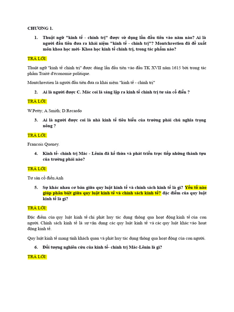Cau Hoi Trac Nghiem Chuong 1 2 3 Kinh Te Chinh Tri Mac Lenin Dai Hoc T 136135 | PDF