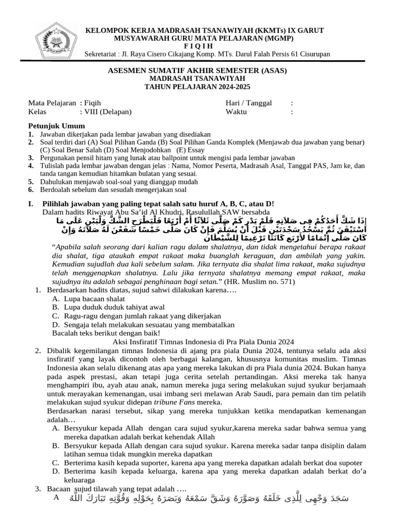 SOAL ASAS FIQIH 8 SMT 1 Oke | PDF