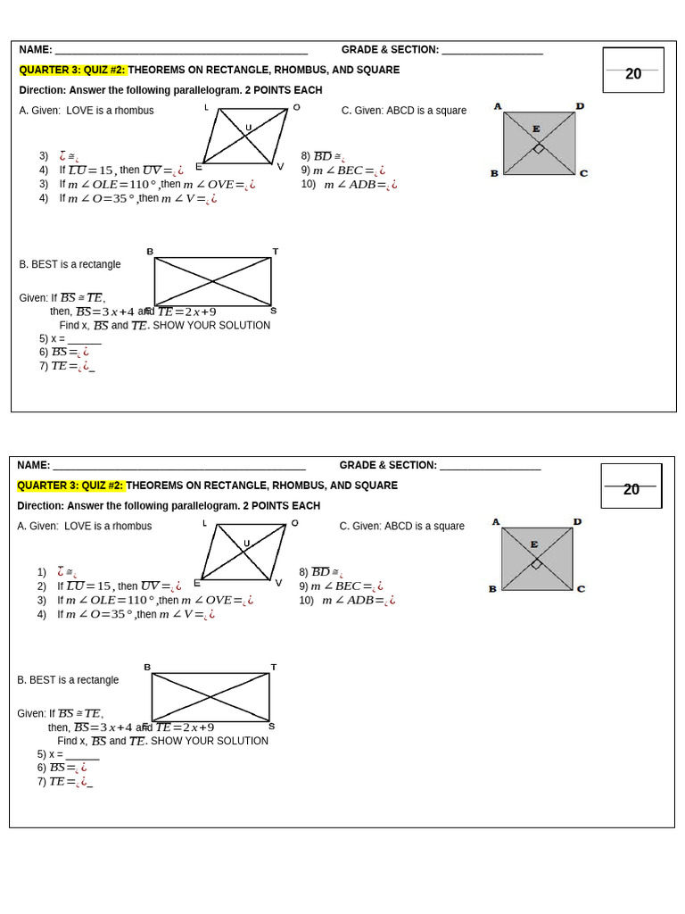 Quiz#2_Rectangle, Rhombus, and Square | PDF