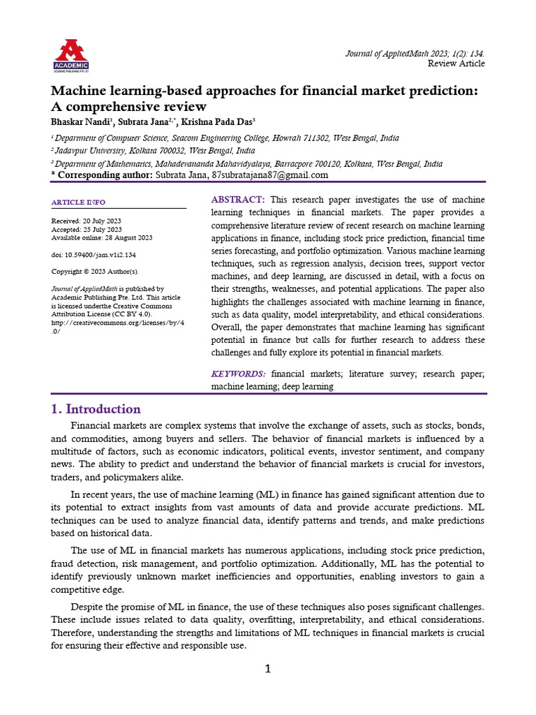 Machine Learning-Based Approaches For Financial Ma | PDF | Support Vector Machine | Forecasting