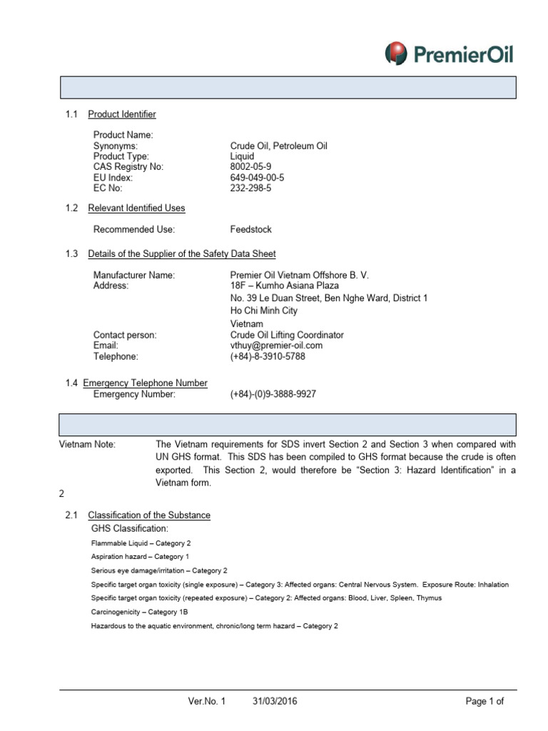 MSDS Chim Sao crude oil | PDF | Chemistry