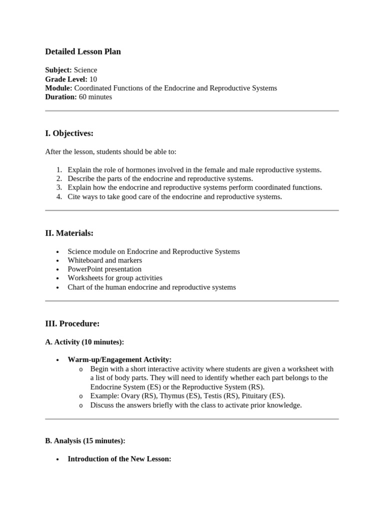 Detailed Lesson Plan | PDF | Endocrine System | Hormone