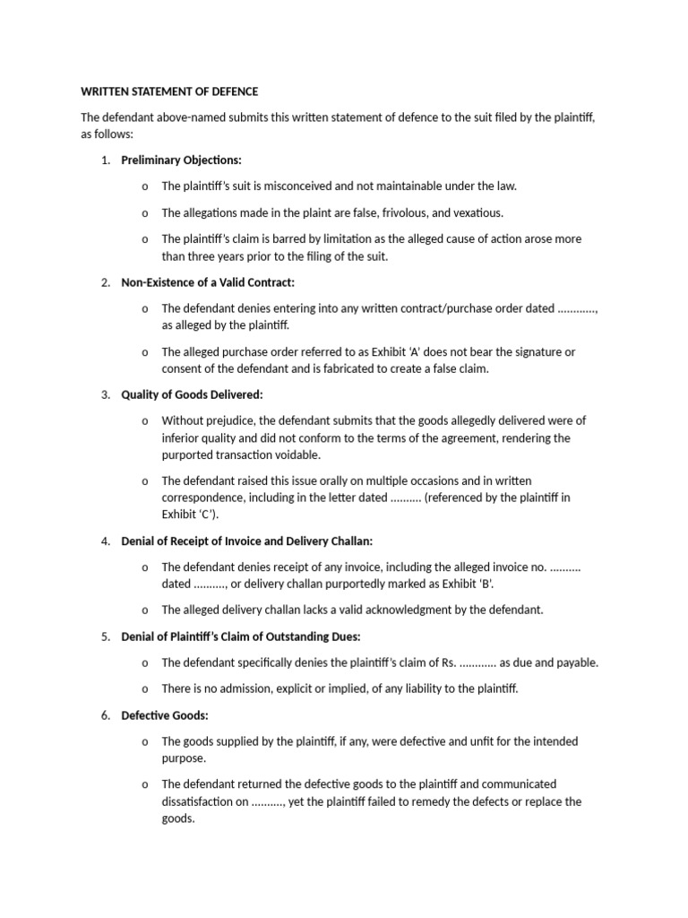 Written Statement of Defence | PDF | Lawsuit | Common Law