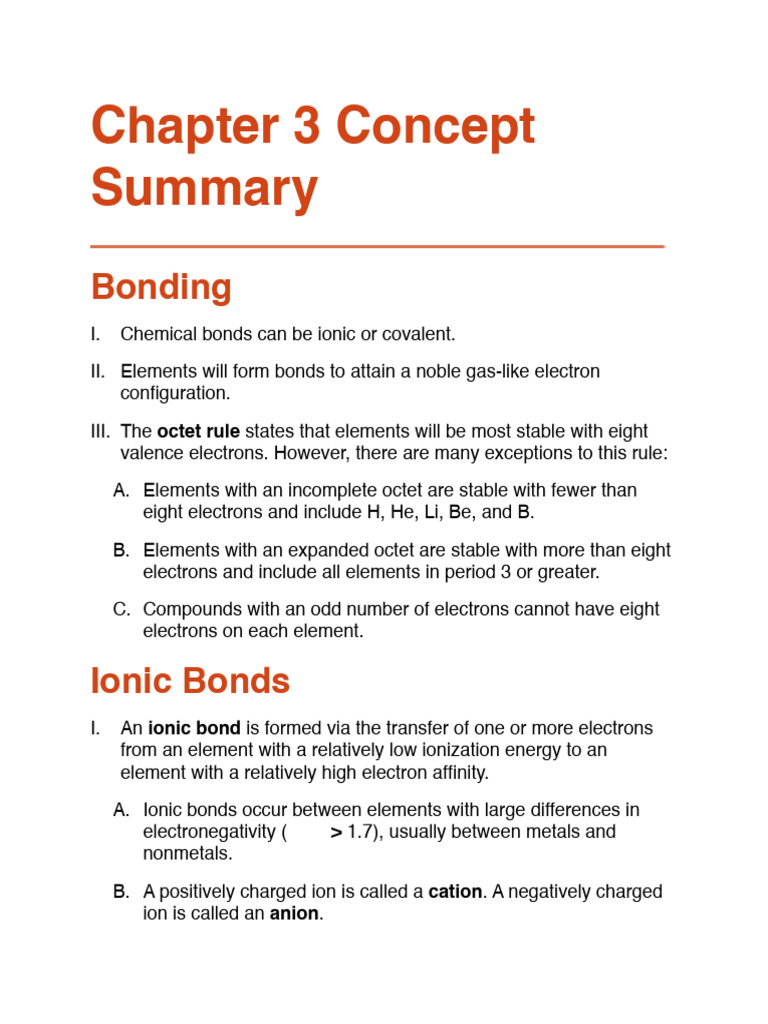 Chp 3 Concept Summary | PDF | Ionic Bonding | Chemical Bond