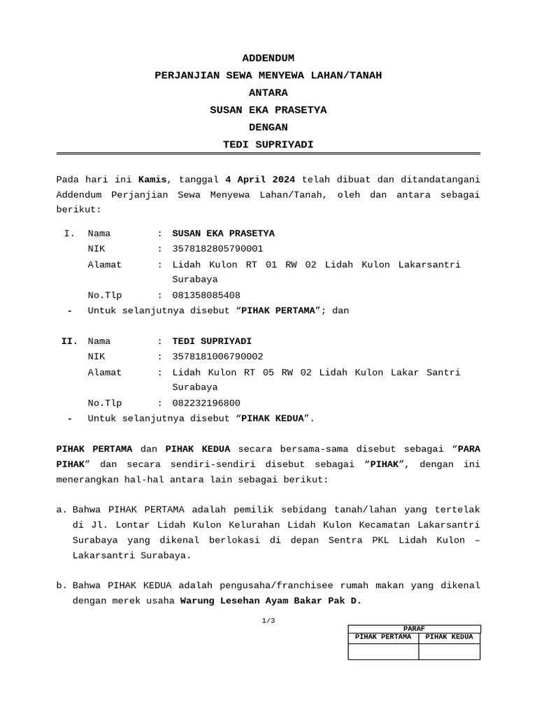 Addendum Sewa Lahan Surabaya | PDF