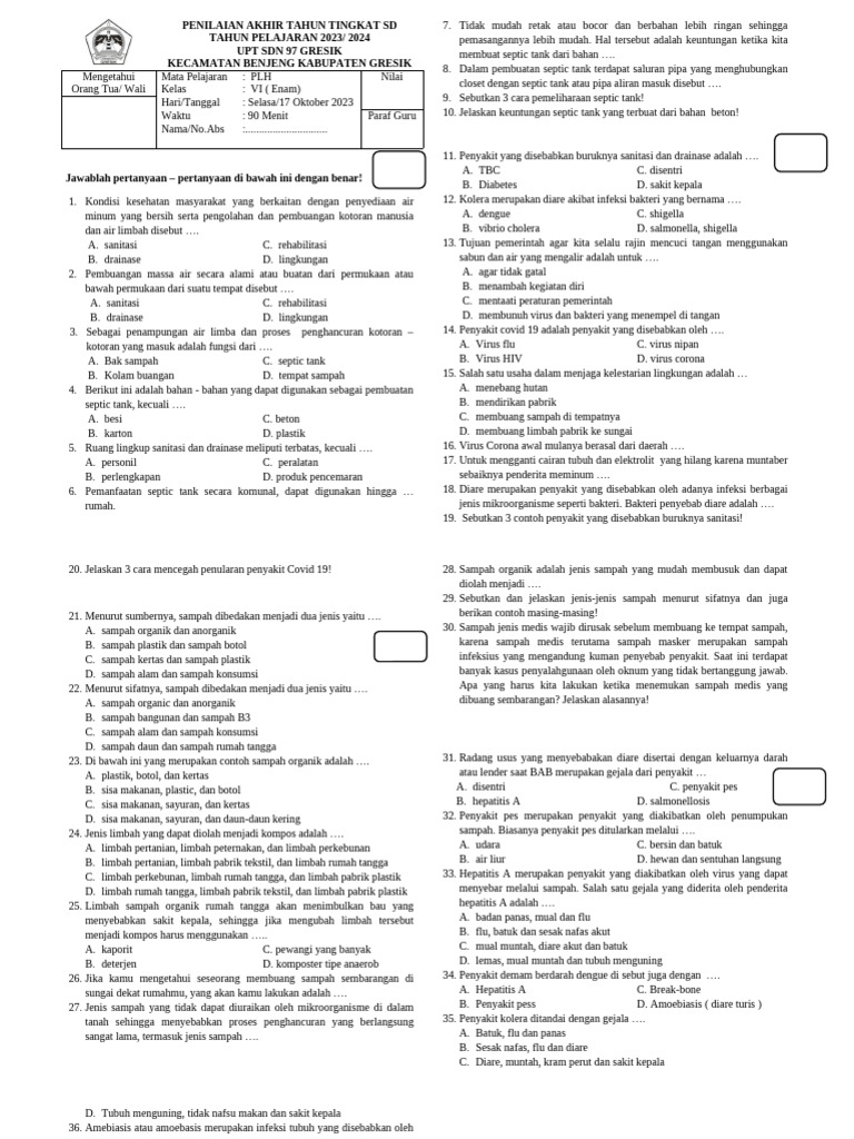SOAL PTS Semester 1 PLH | PDF