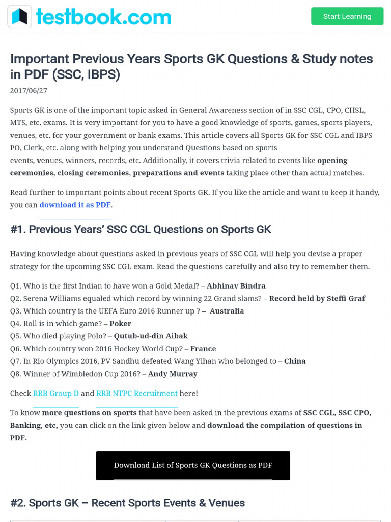 Sports GK SSC Ibps Study Notes PDF | PDF