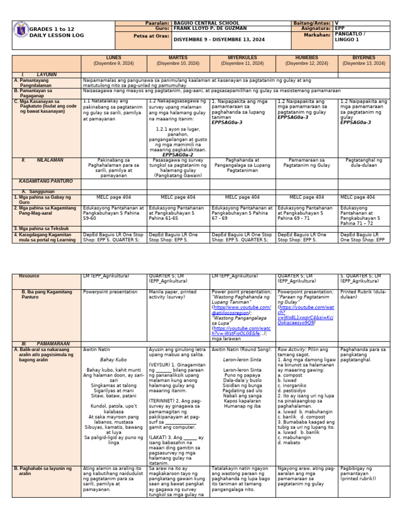 DLL - EPP (Agriculture) - W1 | PDF