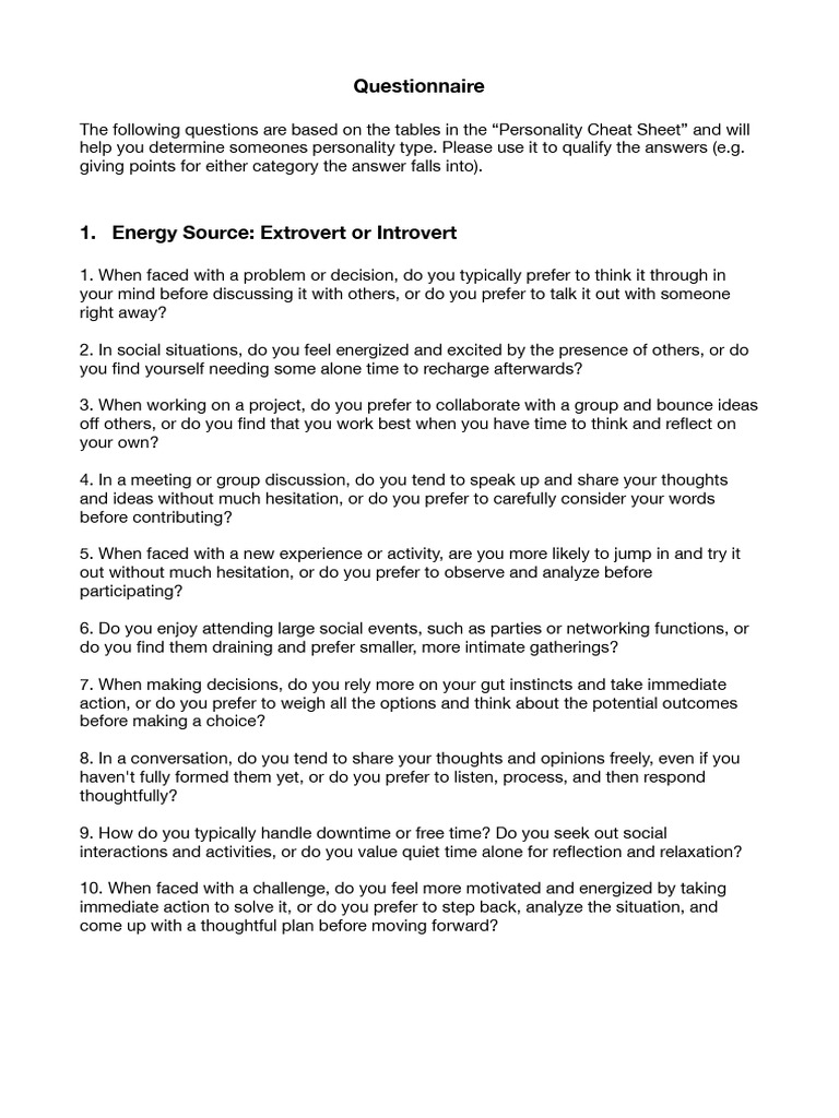 Personality Type Assessment Questionnaire | PDF | Decision Making ...