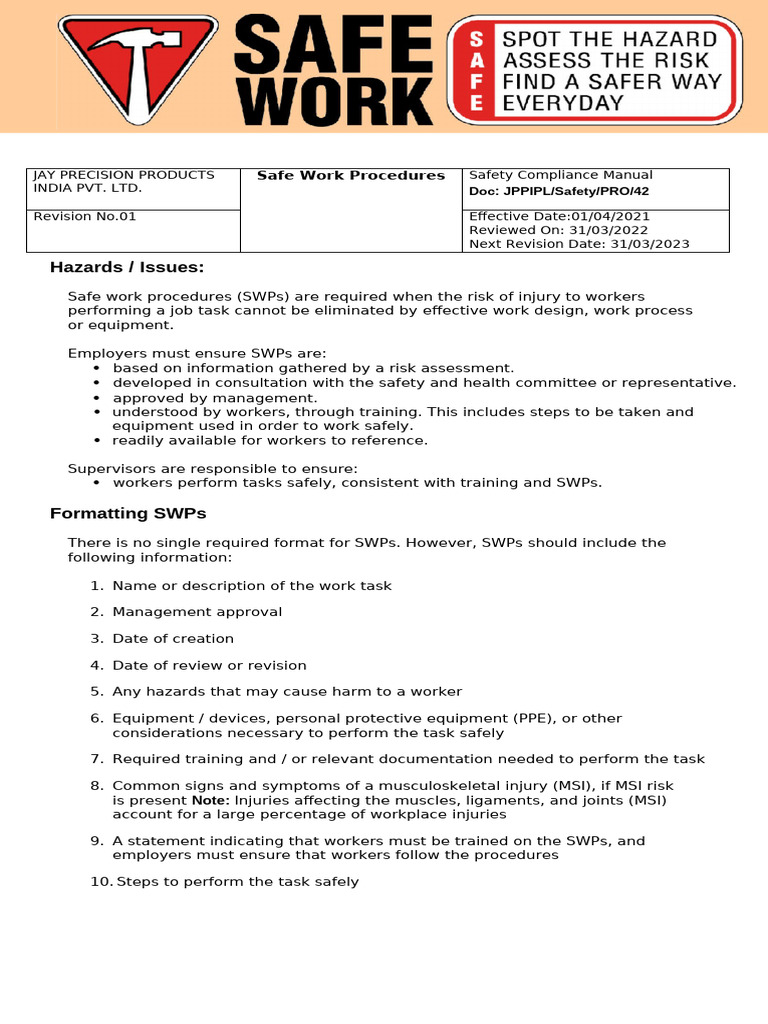 B.1.2.3 - Safe Work procedures | PDF | Occupational Safety And Health ...