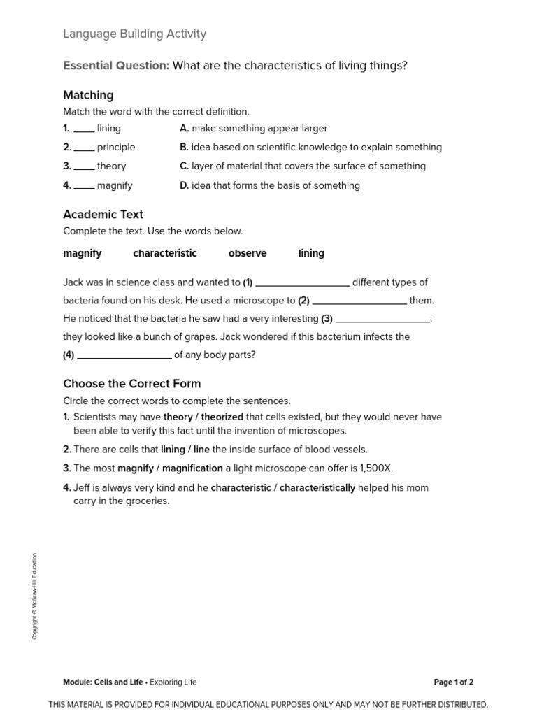 L201 L1 EL+Worksheet | PDF | Cell (Biology) | Bacteria