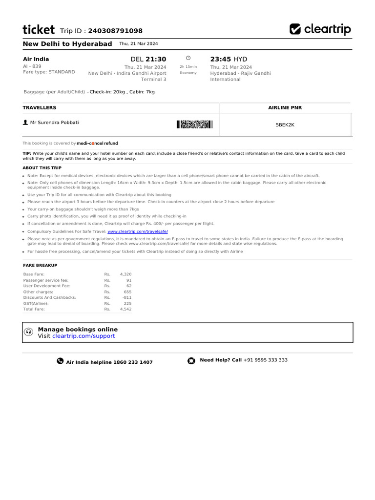 Cleartrip Flight E-Ticket | PDF | Airport | Aviation