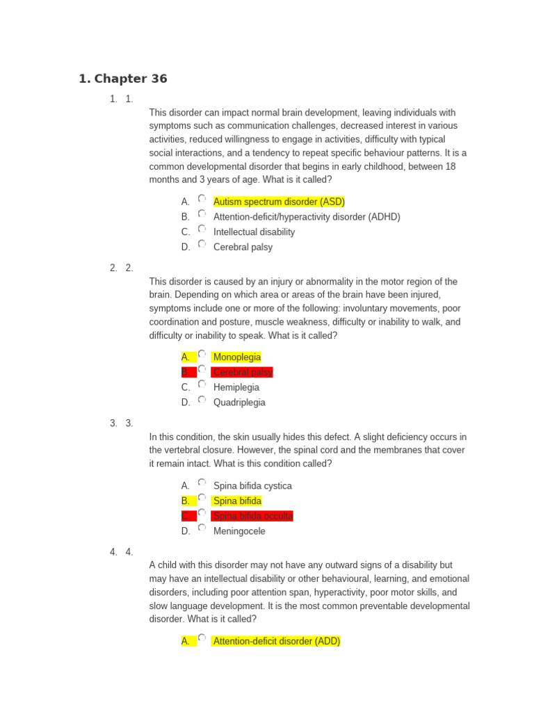 Chapter 36 - Knowledge Assessment | PDF | Cerebral Palsy | Attention ...