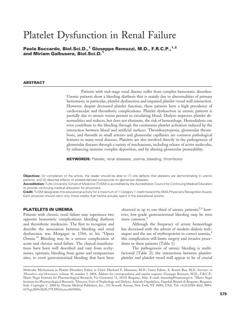 Platelet Dysfunction in Renal Failure | PDF | Platelet | Bleeding