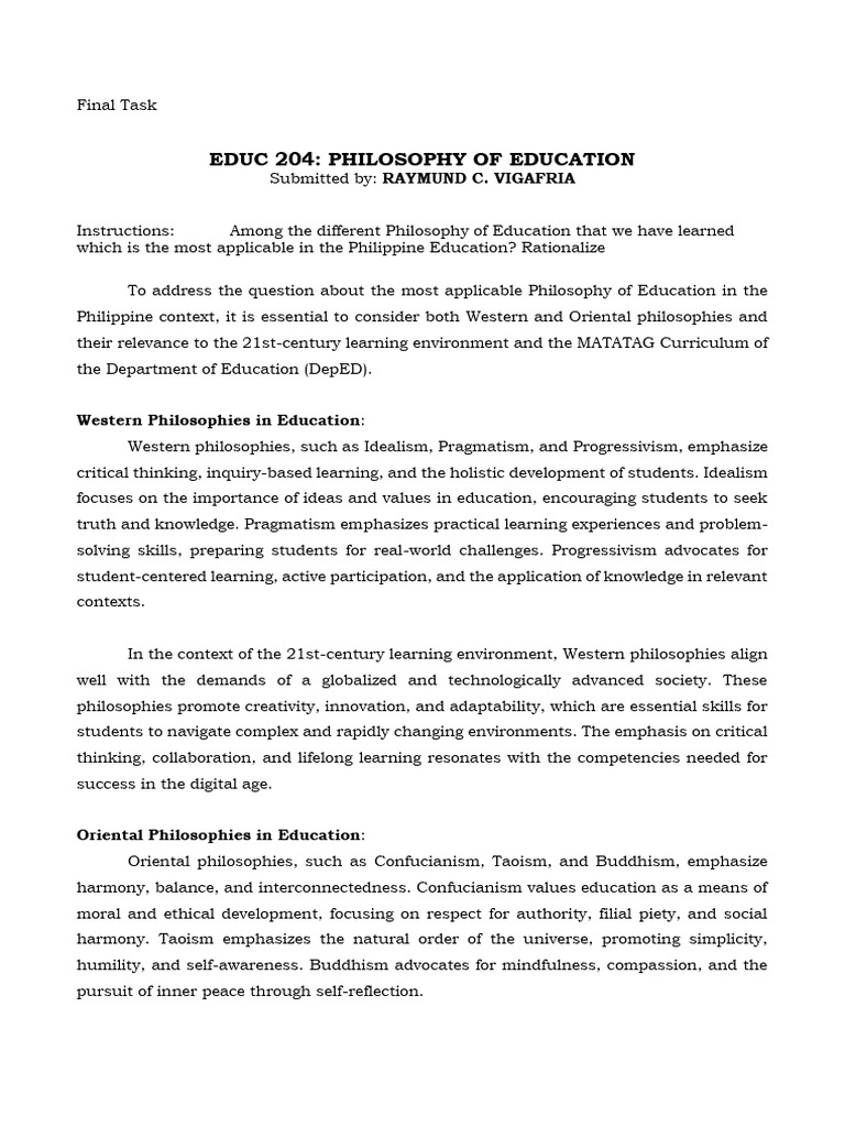 VIGAFRIA EDUC 204 Philosophy of Education Final Task | PDF | Philosophy Of Education | Learning