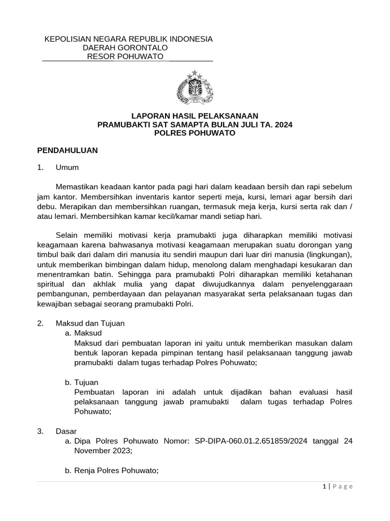 Laporan Hasil Pelaksanaan Pramubakti Juli | PDF