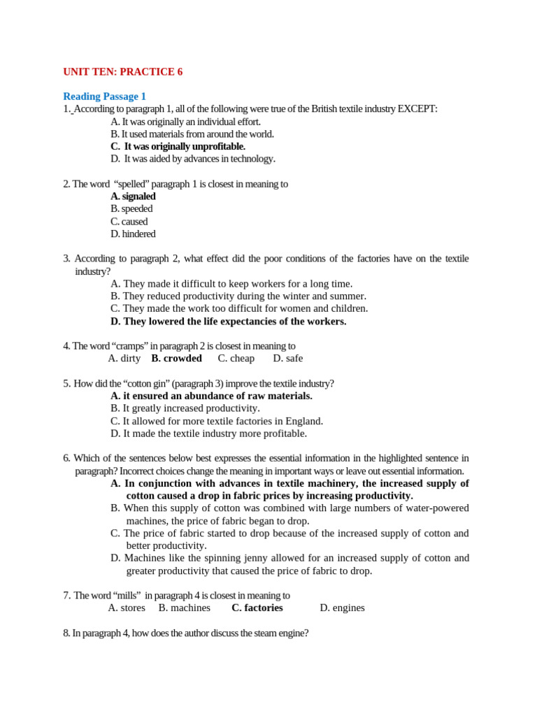 UNIT TEN - Practice 6 Homework | PDF | Textiles