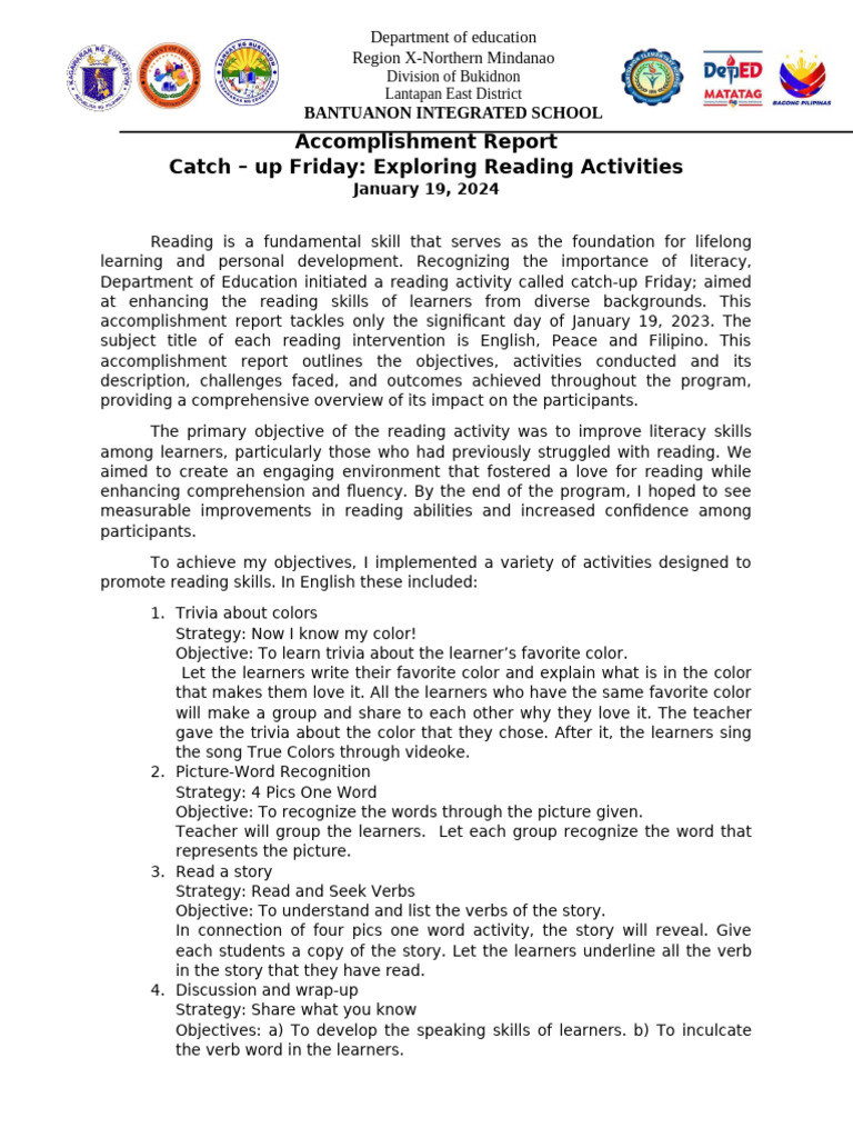 Accomplishment Report Reading | PDF | Literacy | Reading Comprehension