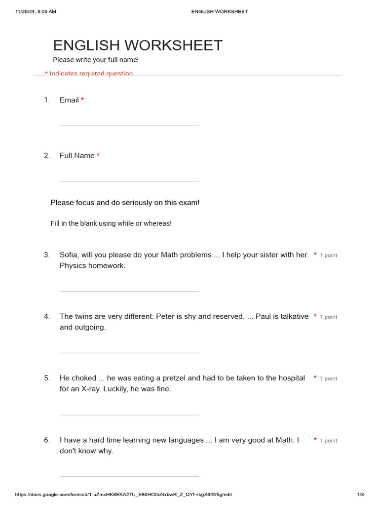 ENGLISH WORKSHEET - Google Forms | PDF