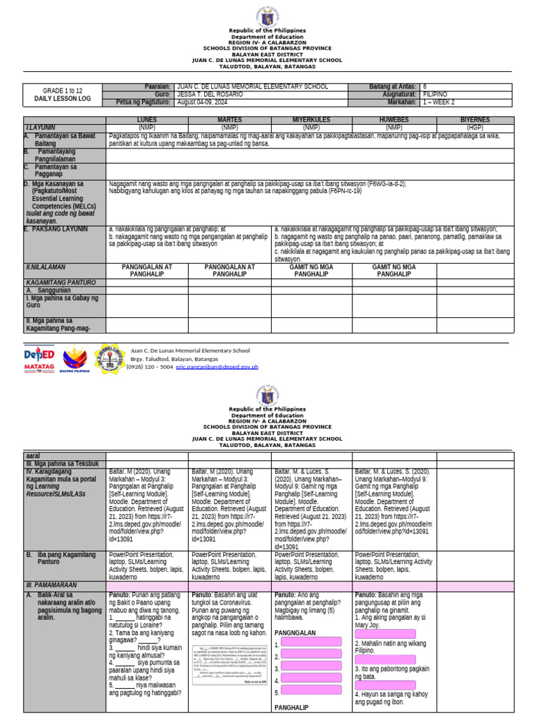 G6 Q1W2 DLL FILIPINO (MELCs) | PDF